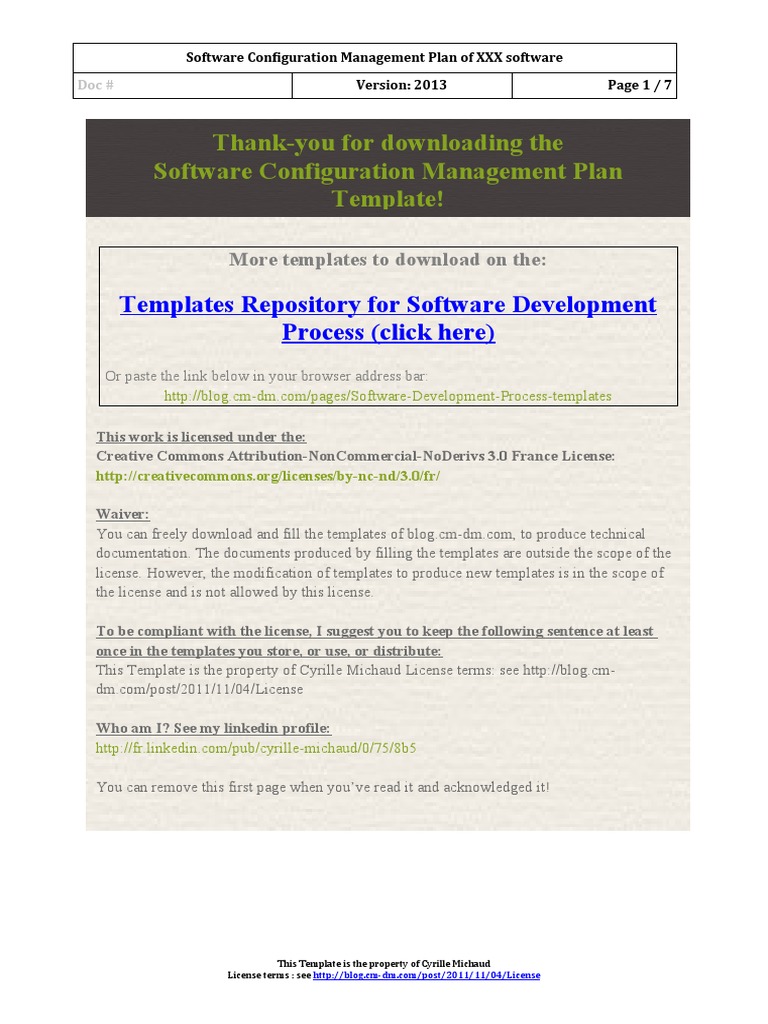 Software Configuration Management Plan Template 2013 | PDF | Version ...