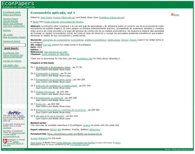 EconPapers - Econometría Aplicada, Vol 1 (Guia de Stats) | PDF ...