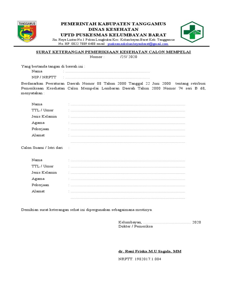 Surat Keterangan Sehat Catin 2020 | PDF | Bisnis
