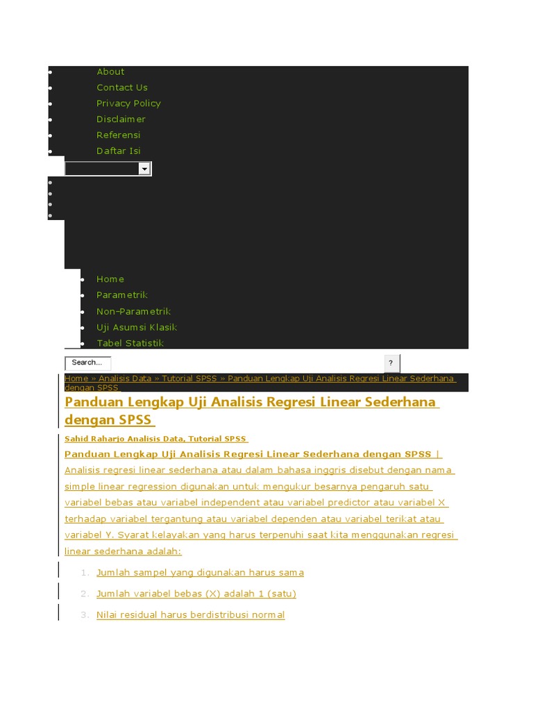 Panduan Lengkap Uji Analisis Regresi Linear Sederhana Dengan SPSS - SPSS Indonesia | PDF