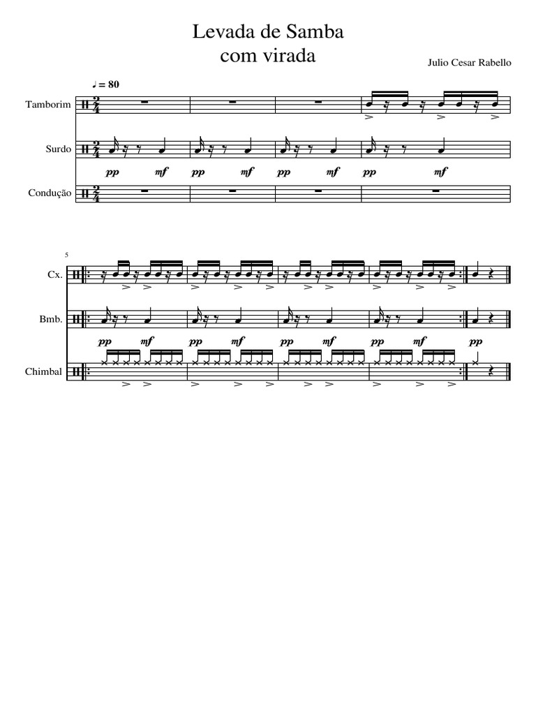 Musical notation for a samba with turn featuring percussion instruments ...