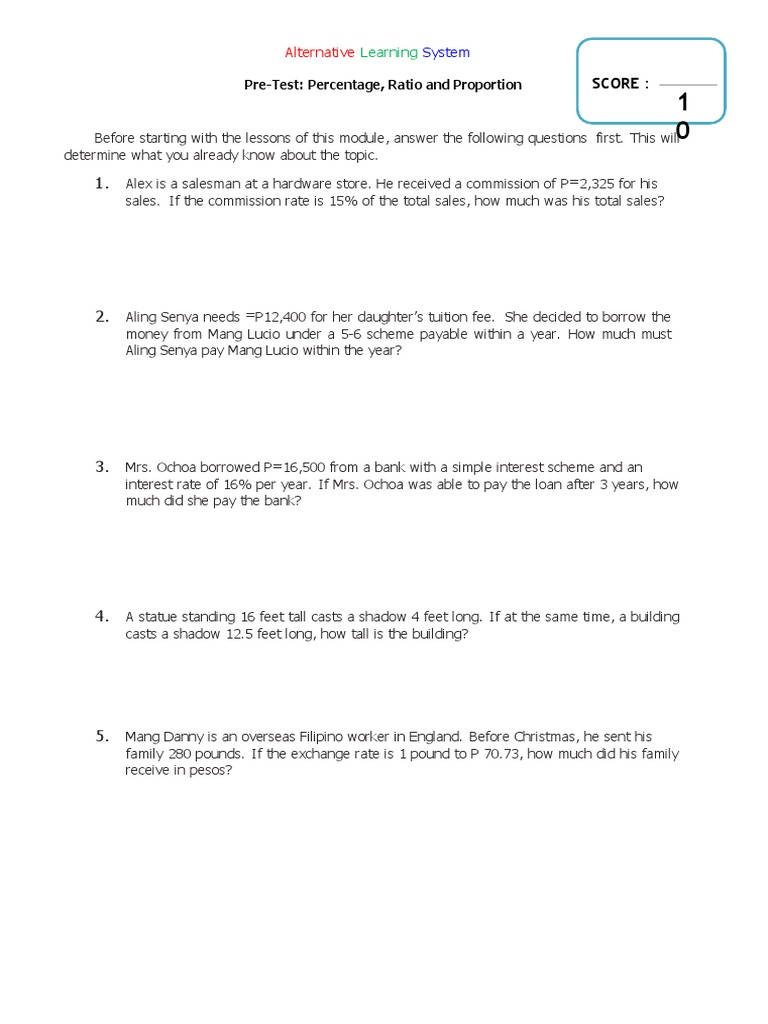 Pre-Test: Percentage, Ratio and Proportion: Alternative | PDF ...