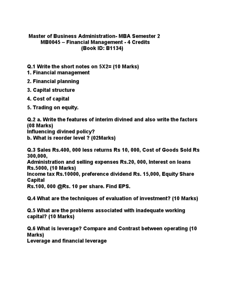 MBA Financial Management Coursework | PDF | Cost Of Capital | Valuation ...