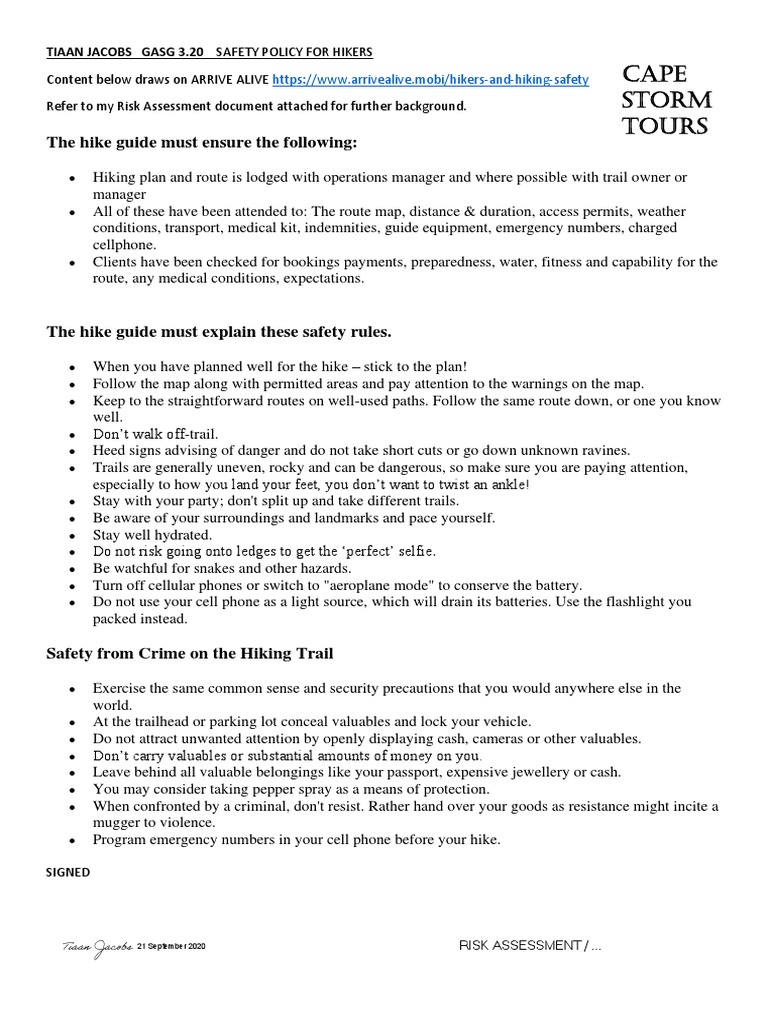 3.20 Safety Policy & Risk Assessment Hiking Tiaan Jacobs | PDF ...