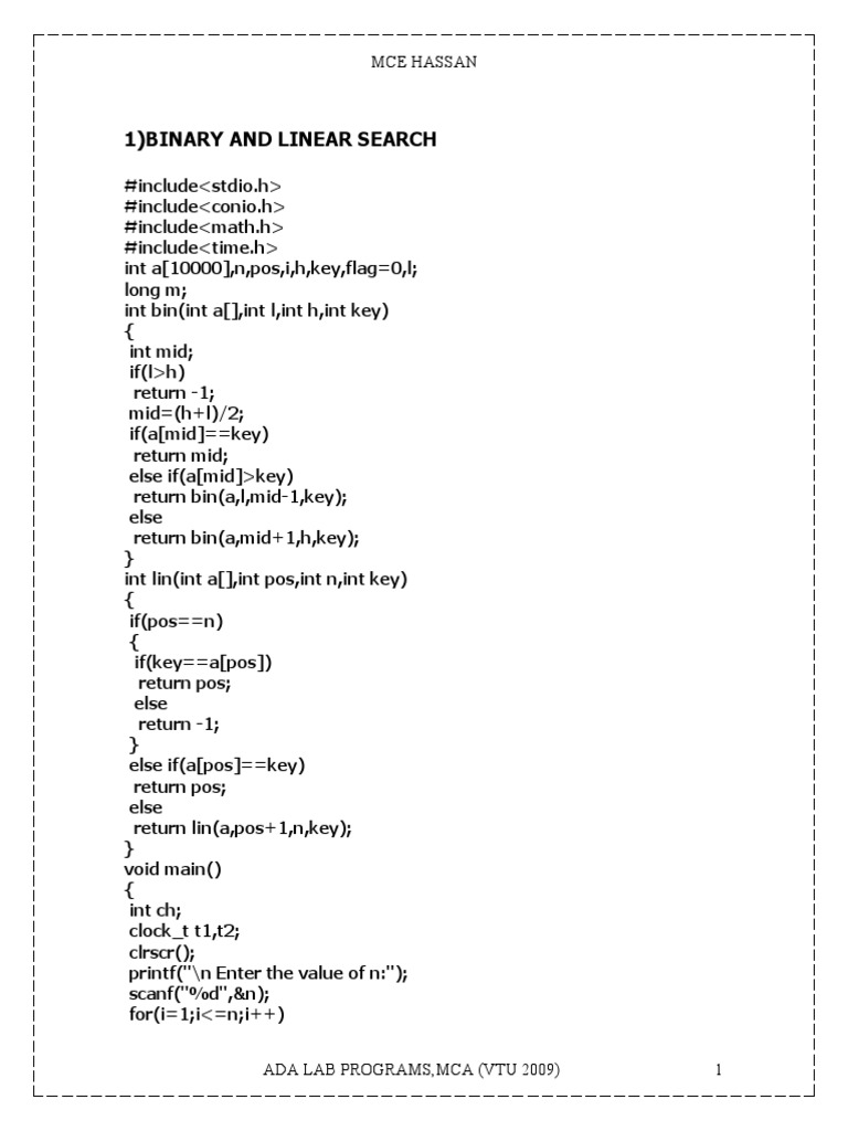 Mca 4th Sem Ada Lab Mannual Pdf Algorithms Applied Mathematics