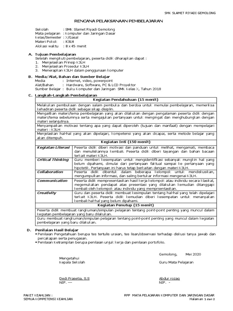 RPP 1 Lembar Komputer Dan Jaringan Dasar K3LH | PDF