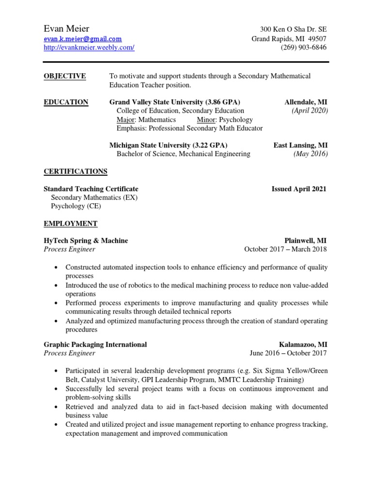 Evan Meier: Process Engineer | PDF | Classroom Management | Teachers