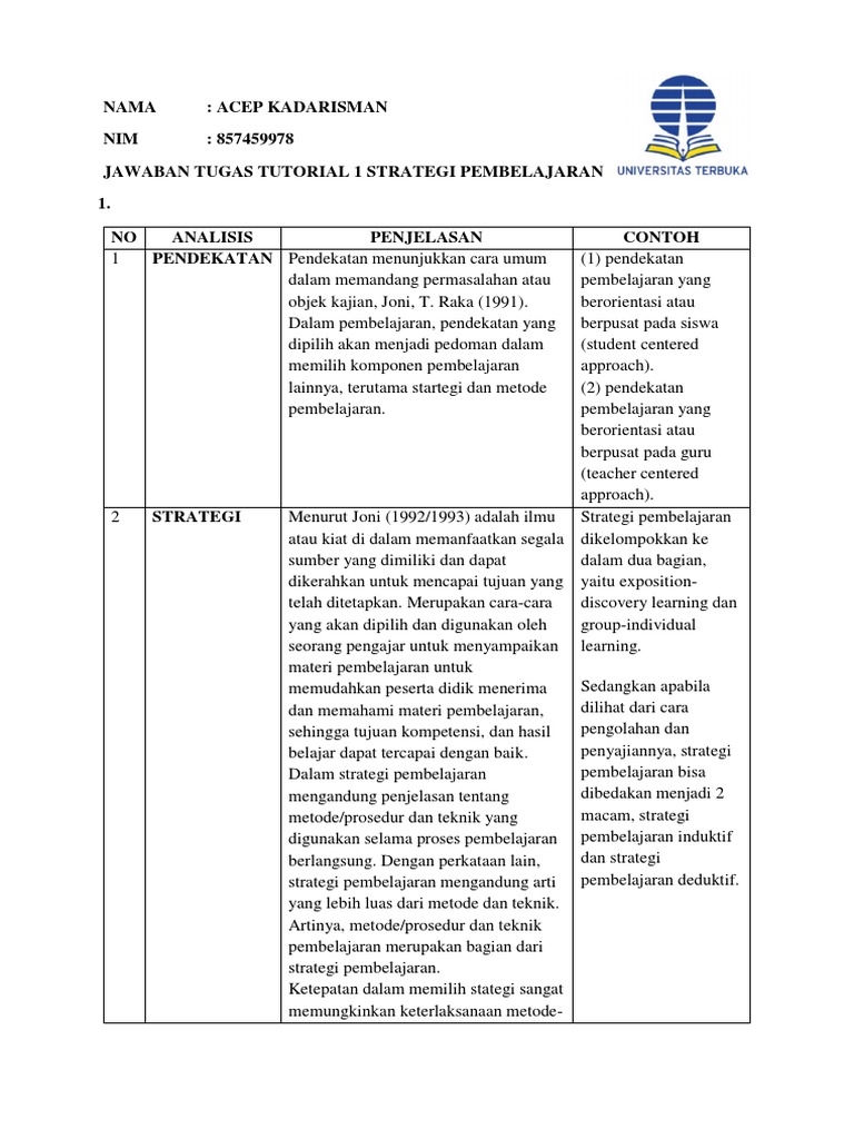 Jawaban Tugas Tutorial 1 Strategi Pembelajaran Acep Kadarisman | PDF