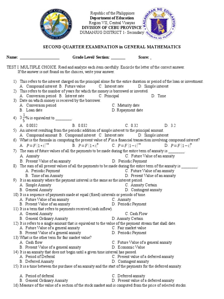 Grade 11 Gen Math 2nd Quarter Exam | PDF | Present Value | Annuity ...