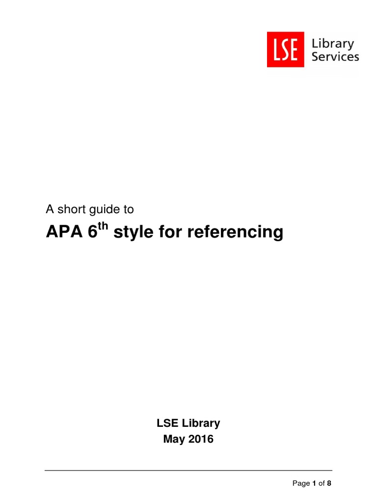 A Short Guide To APA 6th Style For Referencing | PDF | Apa Style | Citation