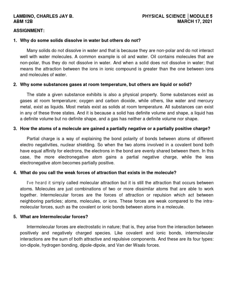 Physical Science - Module 5 (Assignment) | PDF | Intermolecular Force ...
