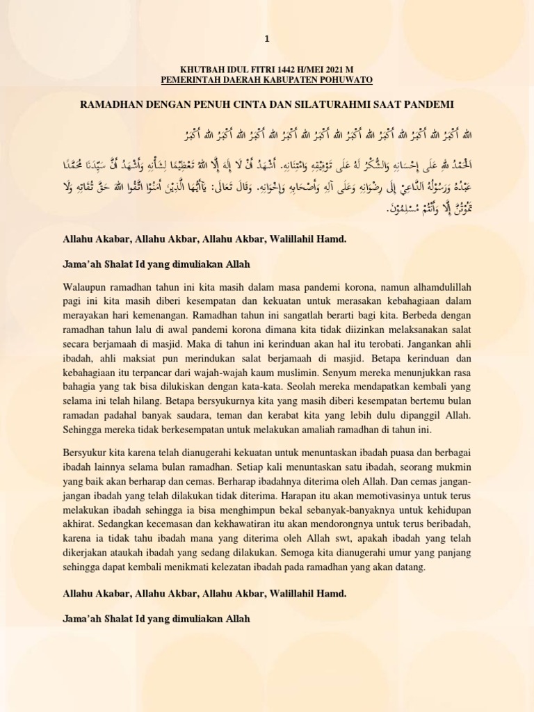 Khutbah Idul Fitri 1442 Pohuwato | PDF