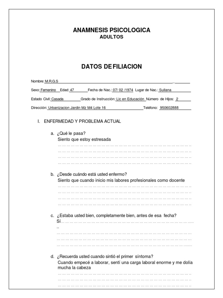 Modelo de Anamnesis Psicologica - Adultos para Presentar | PDF ...