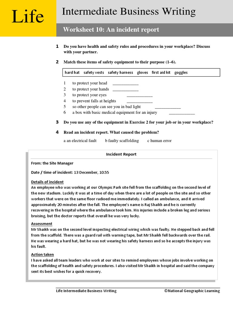 Intermediate Business Writing: Worksheet 10: An Incident Report | PDF ...