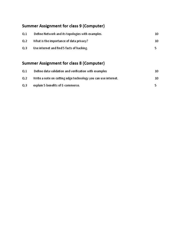 Summer Assignment For Class 9 | PDF