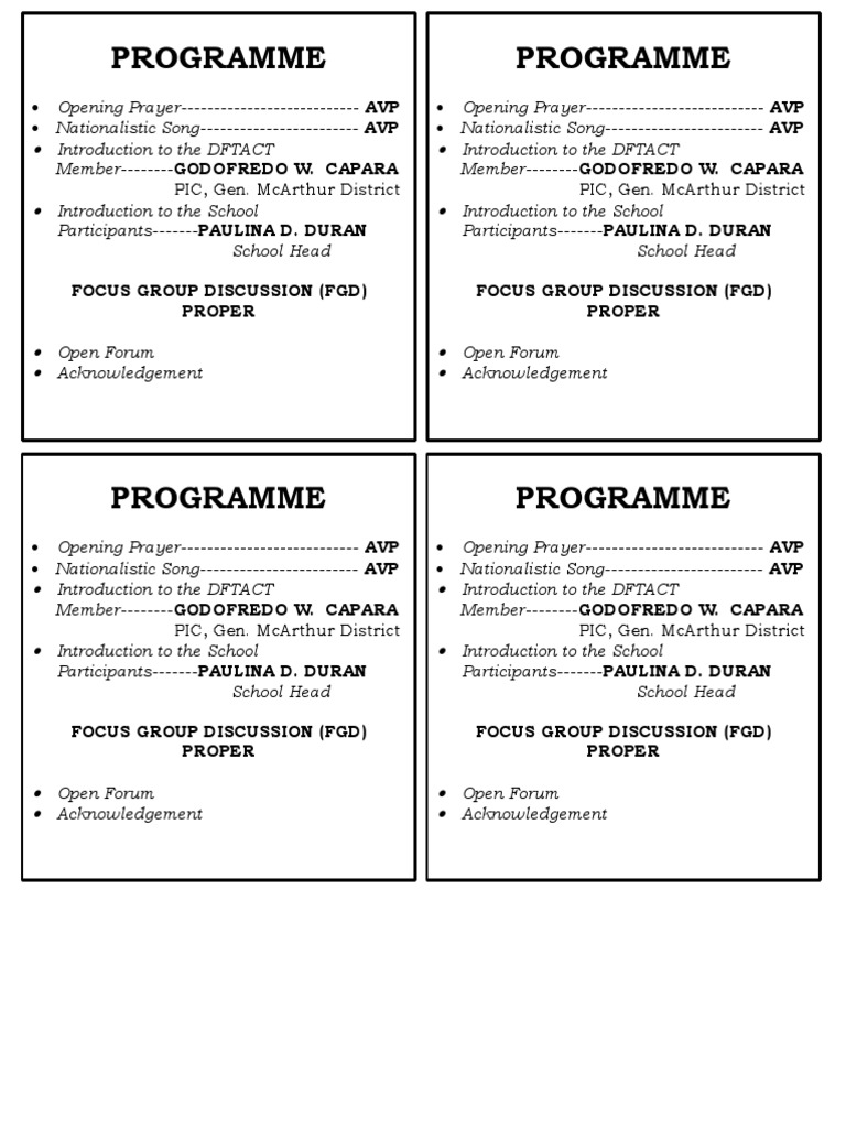 Programme Programme: Focus Group Discussion (FGD) Proper Focus Group ...
