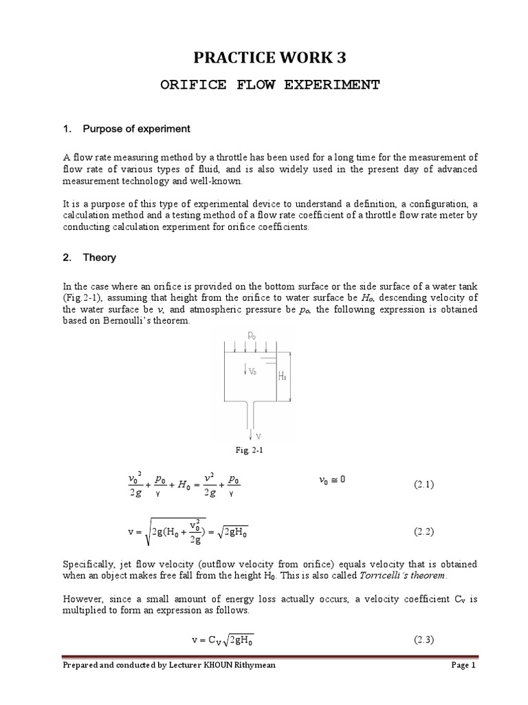 ORIFICE FLOW EXPERIMENT MEASUREMENTS | PDF | Flow Measurement ...