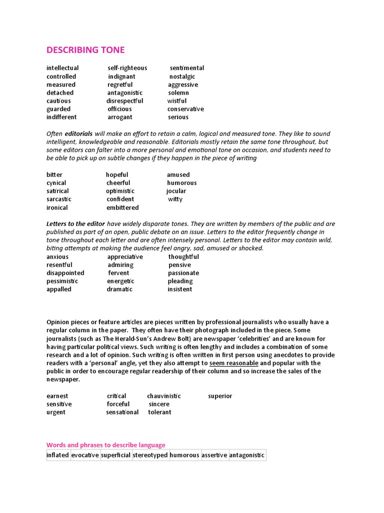 Describing Tone: Letters To The Editor Have Widely Disparate Tones ...