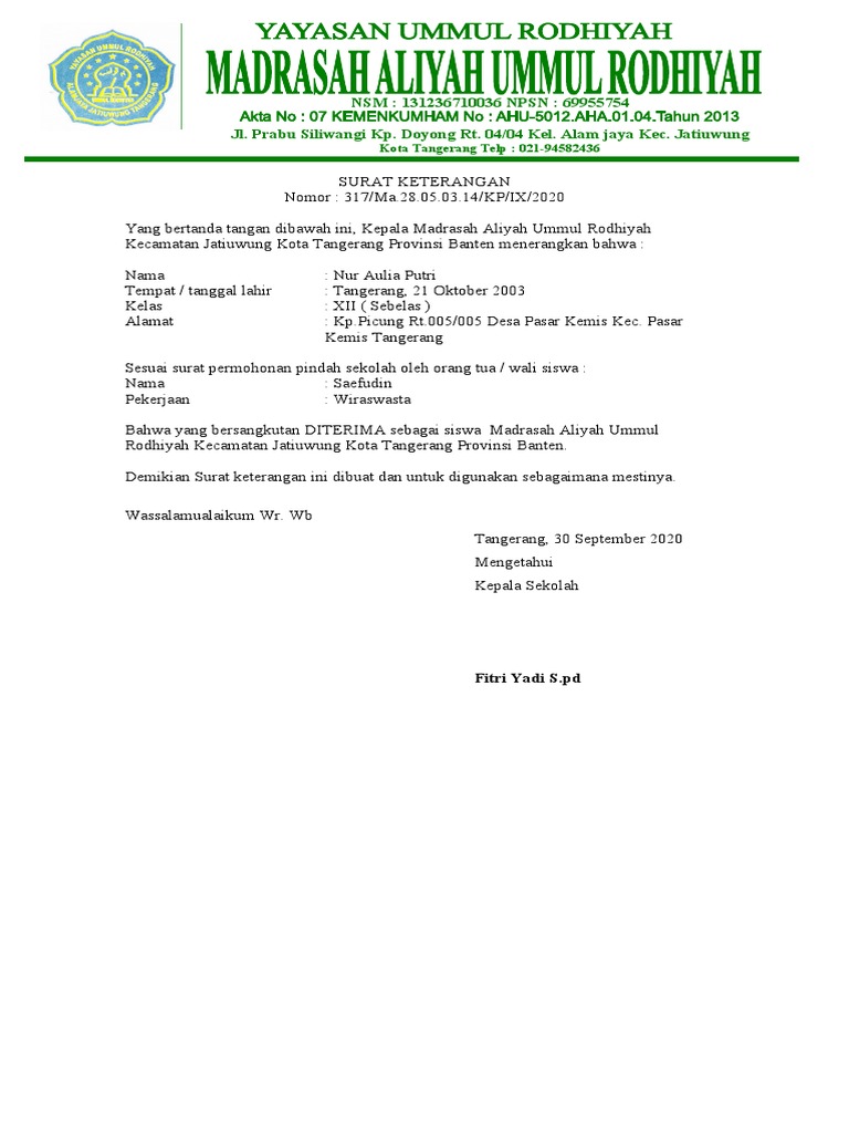 Contoh Surat Keterangan Diterima | PDF