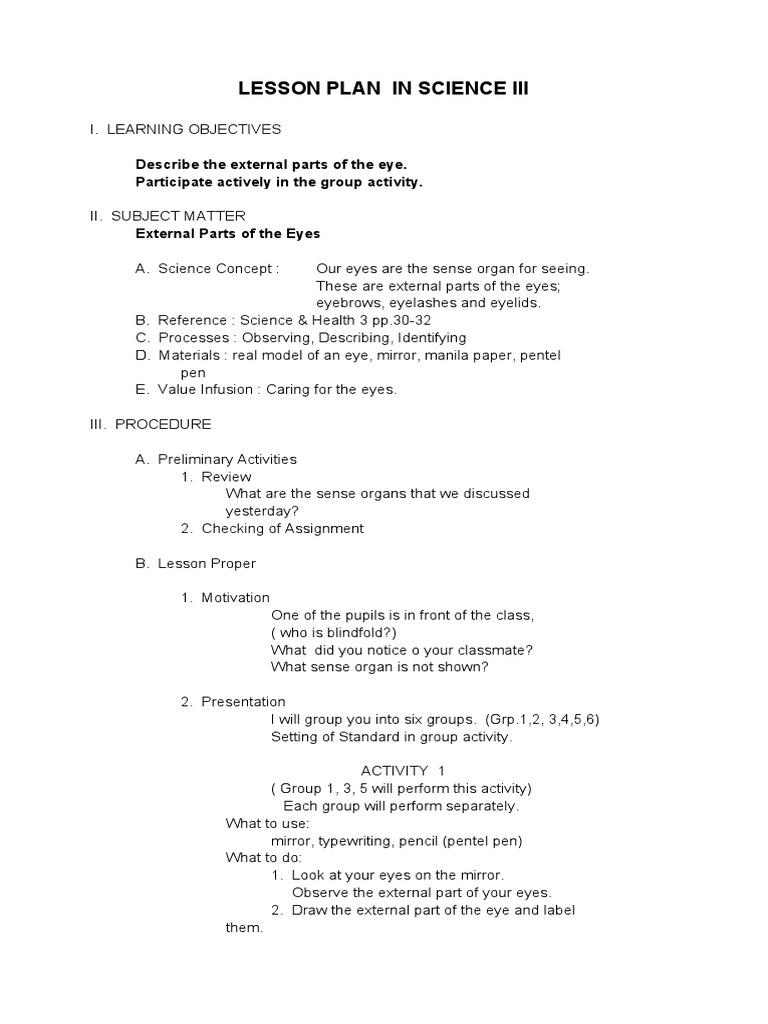 Lesson Plan in Science Iii: Describe The External Parts of The Eye ...