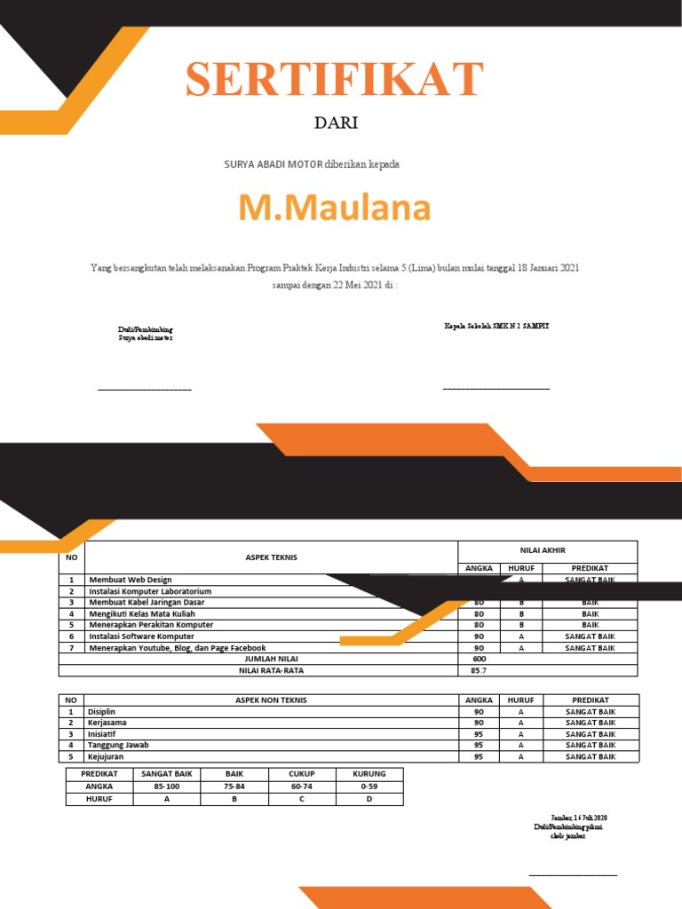 Contoh Format Sertifikat Magang Plus Nilai | PDF