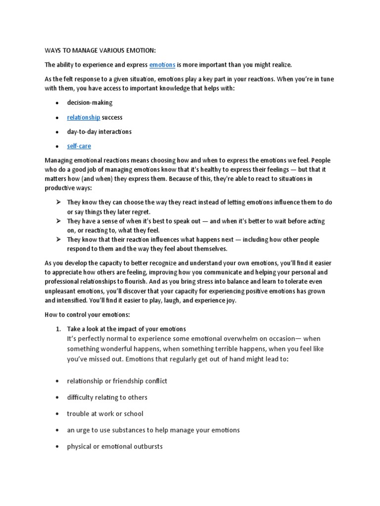 Ways To Manage Various Emotion | PDF | Feeling | Mood (Psychology)