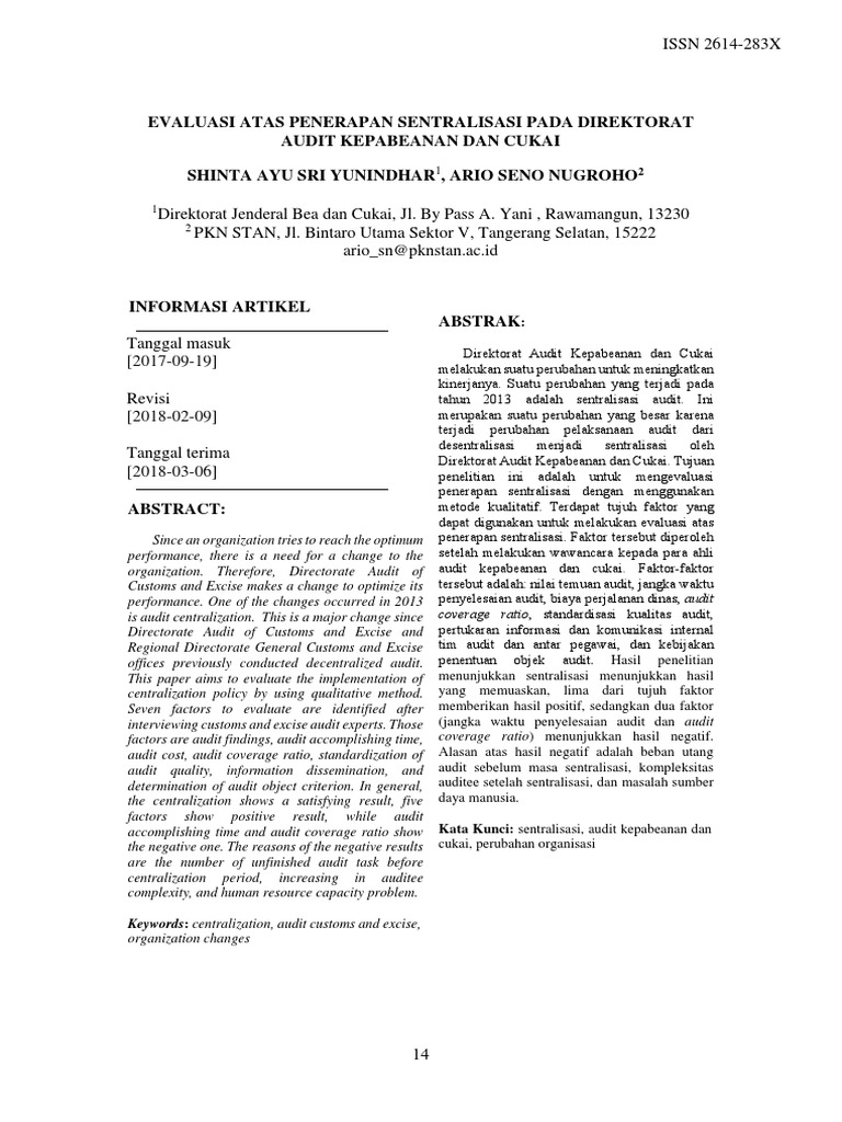 Evaluasi Atas Penerapan Sentralisasi Pada Direktorat Audit Kepabeanan Dan Cukai Shinta Ayu Sri ...