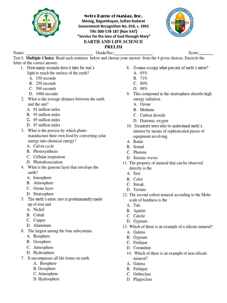 Earth and Life Science Exam Prelim - Final | PDF | Rock (Geology ...