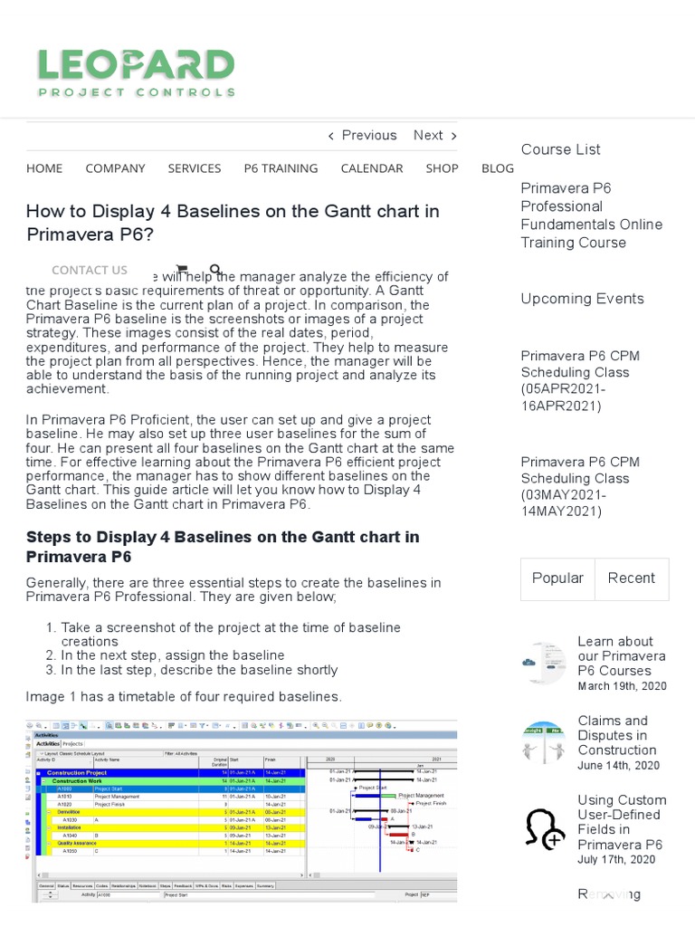 How To Display 4 Baselines On The Gantt Chart in Primavera P6 - Leopard Project Controls | PDF