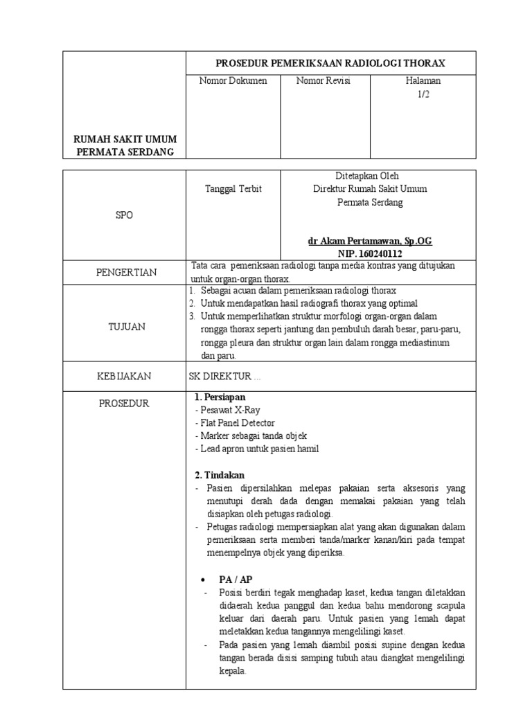 Prosedur Pemeriksaan Radiologi Thorax | PDF