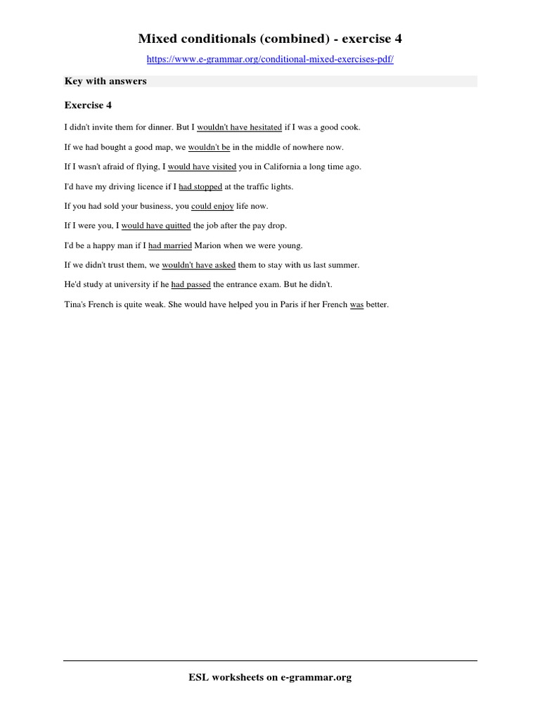Mixed Conditionals (Combined) - Exercise 4: Key With Answers Exercise 4 ...
