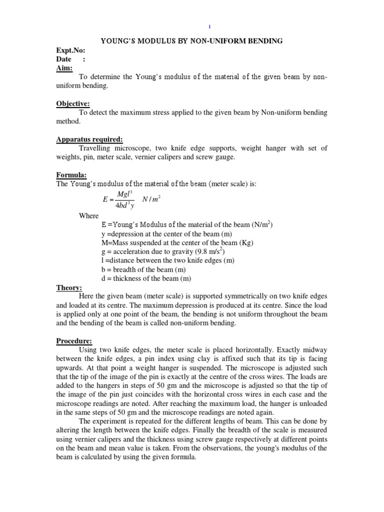 Young'S Modulus by Non-Uniform Bending Expt - No: Date: Aim | PDF ...