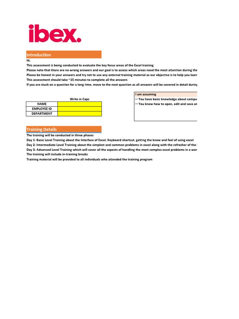 Ibex Pre-Assessment For Excel Training | PDF | Microsoft Excel | Computing