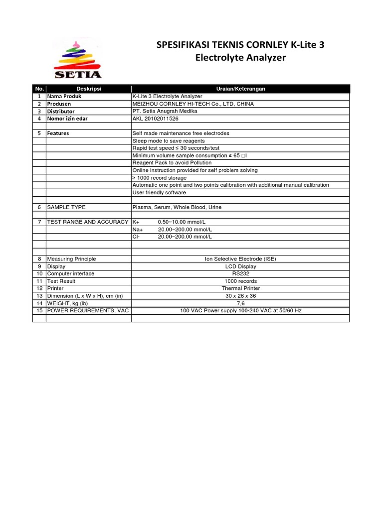 Spesifikasi CORNLEY K-Lite 3 Electrolyte Analyzer | PDF