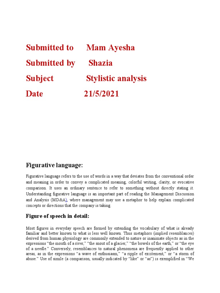 Submitted To Mam Ayesha Submitted by Shazia Subject Stylistic Analysis Date 21/5/2021 | PDF ...