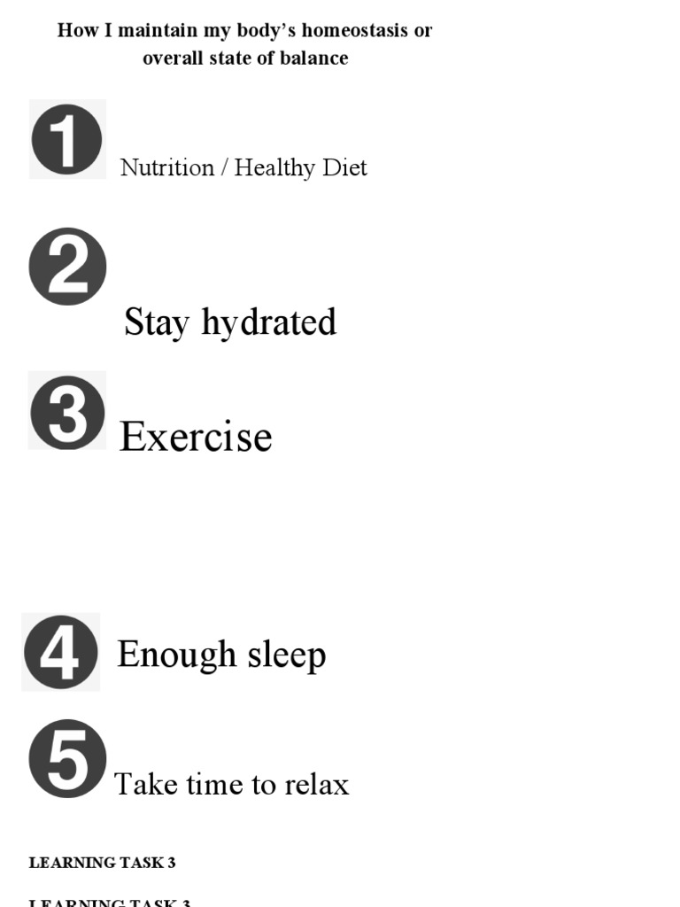 Maintain homeostasis with nutrition, hydration, exercise, sleep and ...