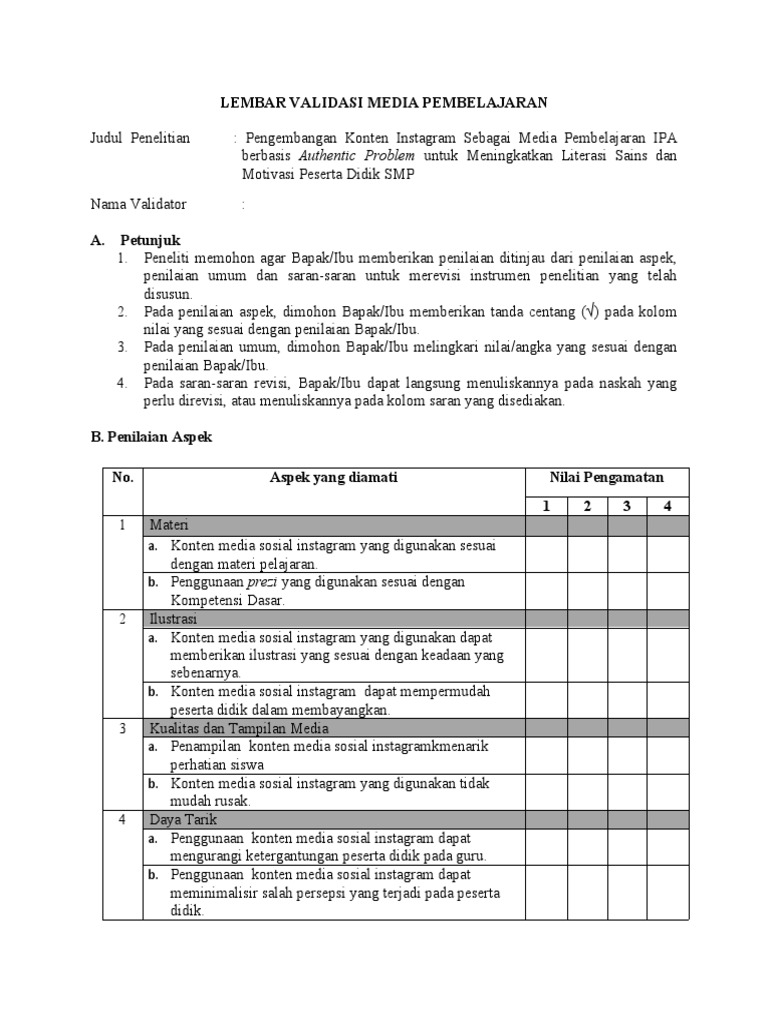 Lembar Validasi Media Pembelajaran Pdf