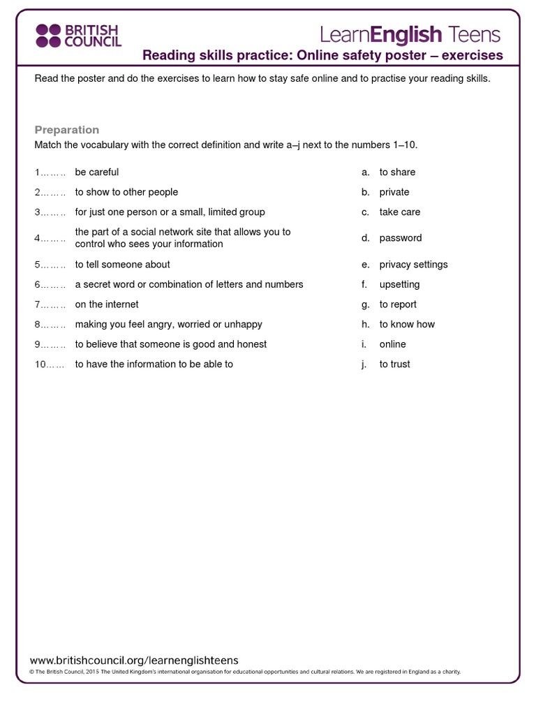 Reading Skills Practice: Online Safety Poster - Exercises: Preparation ...