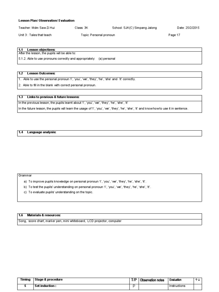 Lesson Plan (Personal Pronoun) | PDF | Lesson Plan | Teachers