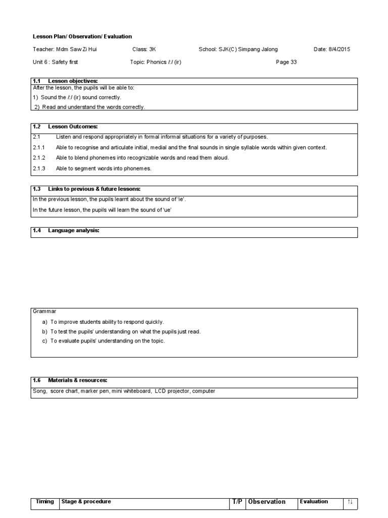 Lesson Plan/ Observation/ Evaluation | Download Free PDF | Phonics | Word