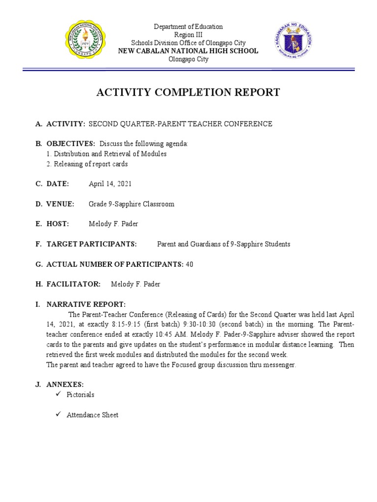 Activity Completion Report: New Cabalan National High School | Download ...