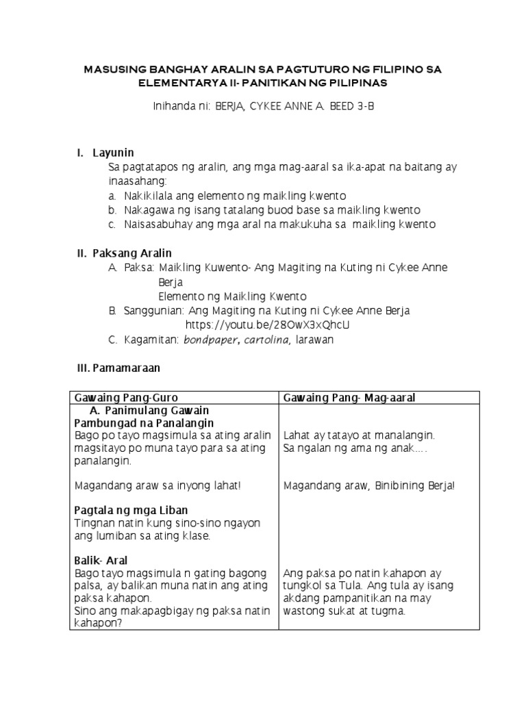 Berja Cykee Anne A. Beed 3 B Masusing Banghay Aralin Sa Pagtuturo NG Filipino Sa Elementarya II ...