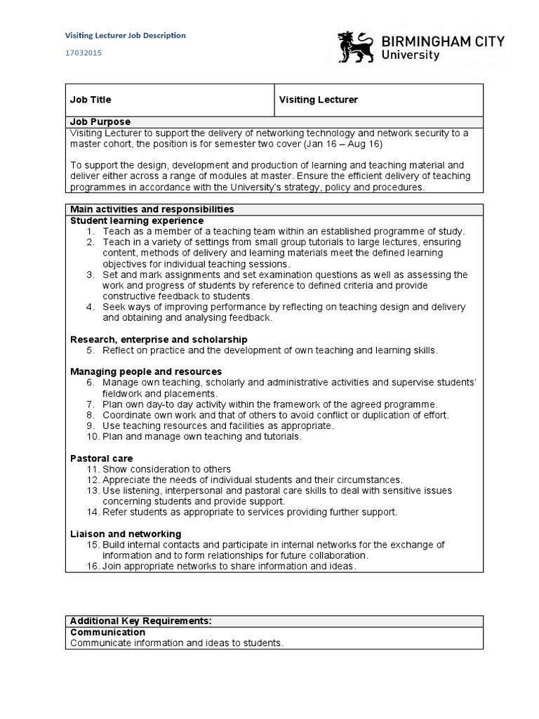 Visiting Lecturer Job Description | PDF | Academic Degree | Learning