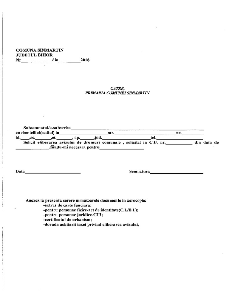 Model Cerere Aviz Drumuri Comunale | PDF