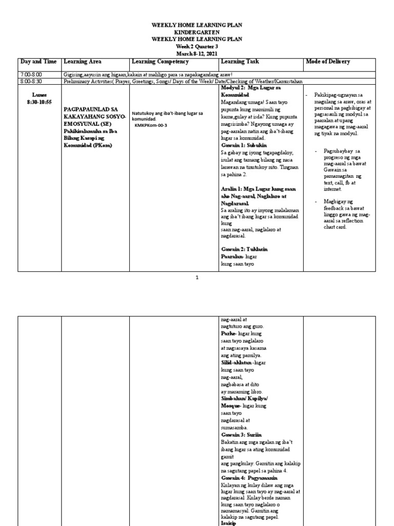 Q3W2 - Kinder Weekly Home Learning Plan | PDF