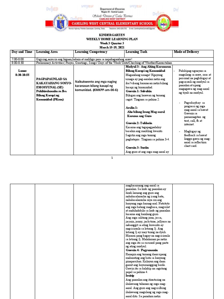 Q3W3 - Kinder Weekly Home Learning Plan | PDF