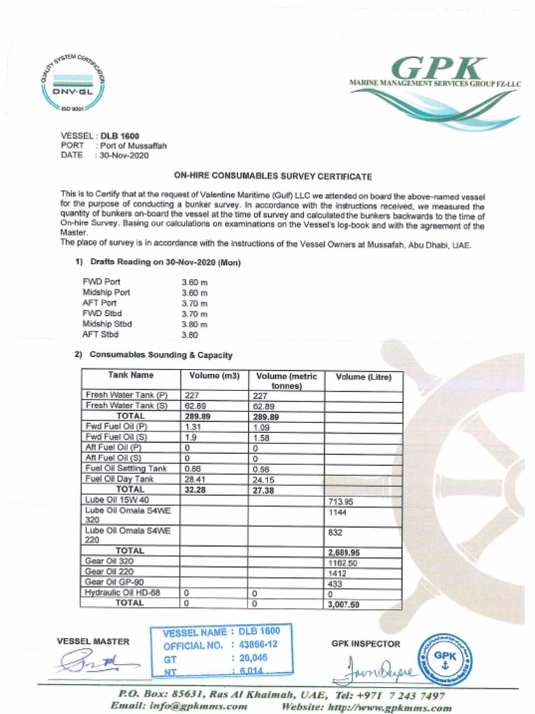 DLB 1600 Consumable Survey Certificate | PDF