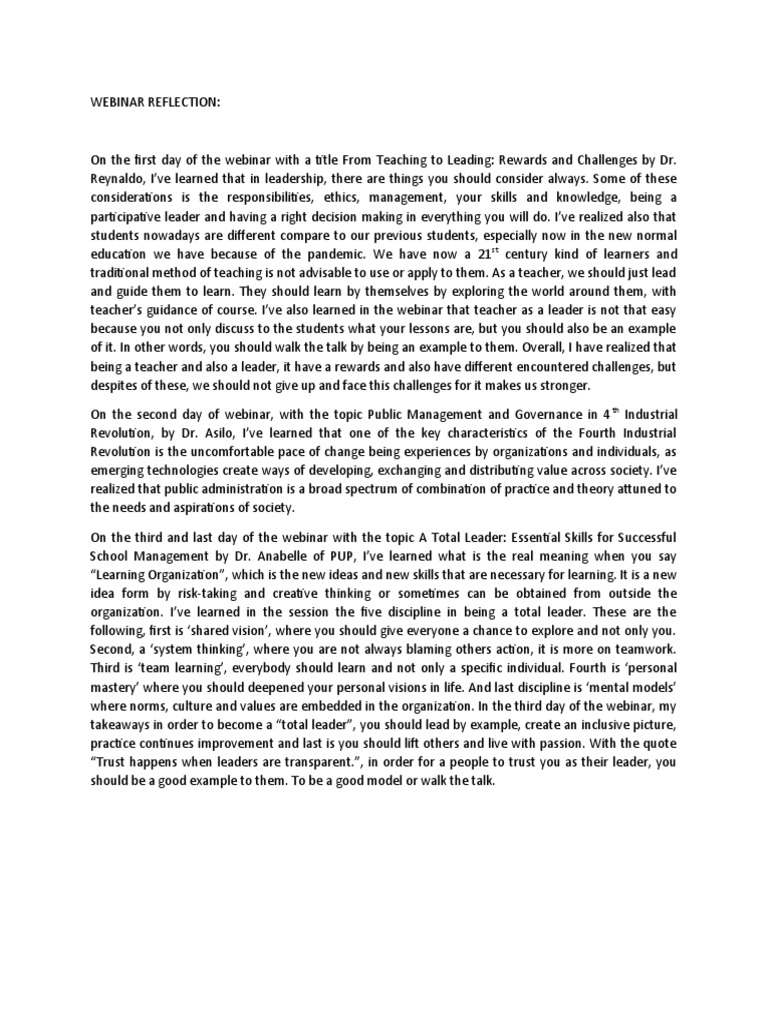 3 Days Webinar Reflection | PDF | Teachers | Leadership