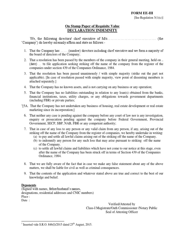 Form Ee-Iii - Declaration - Indemnity | PDF | Notary Public | Justice