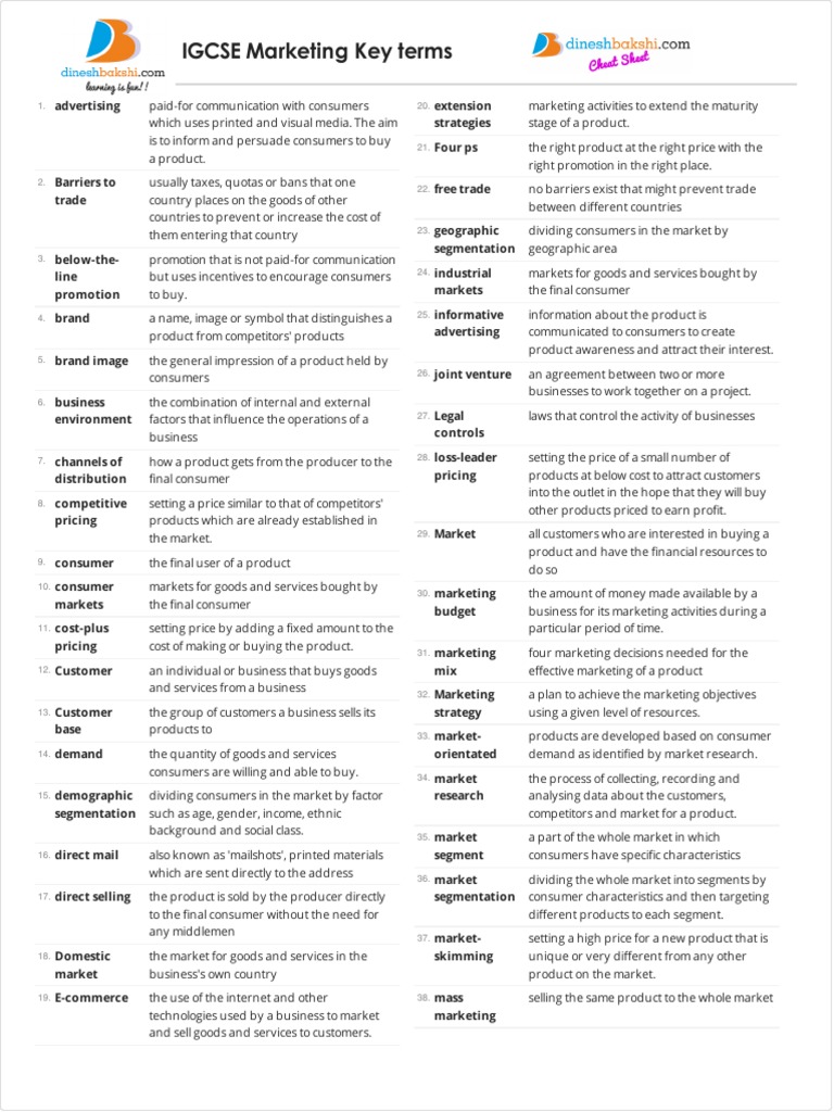IGCSE Marketing Key Terms: Study Online at | PDF | Demand | Marketing